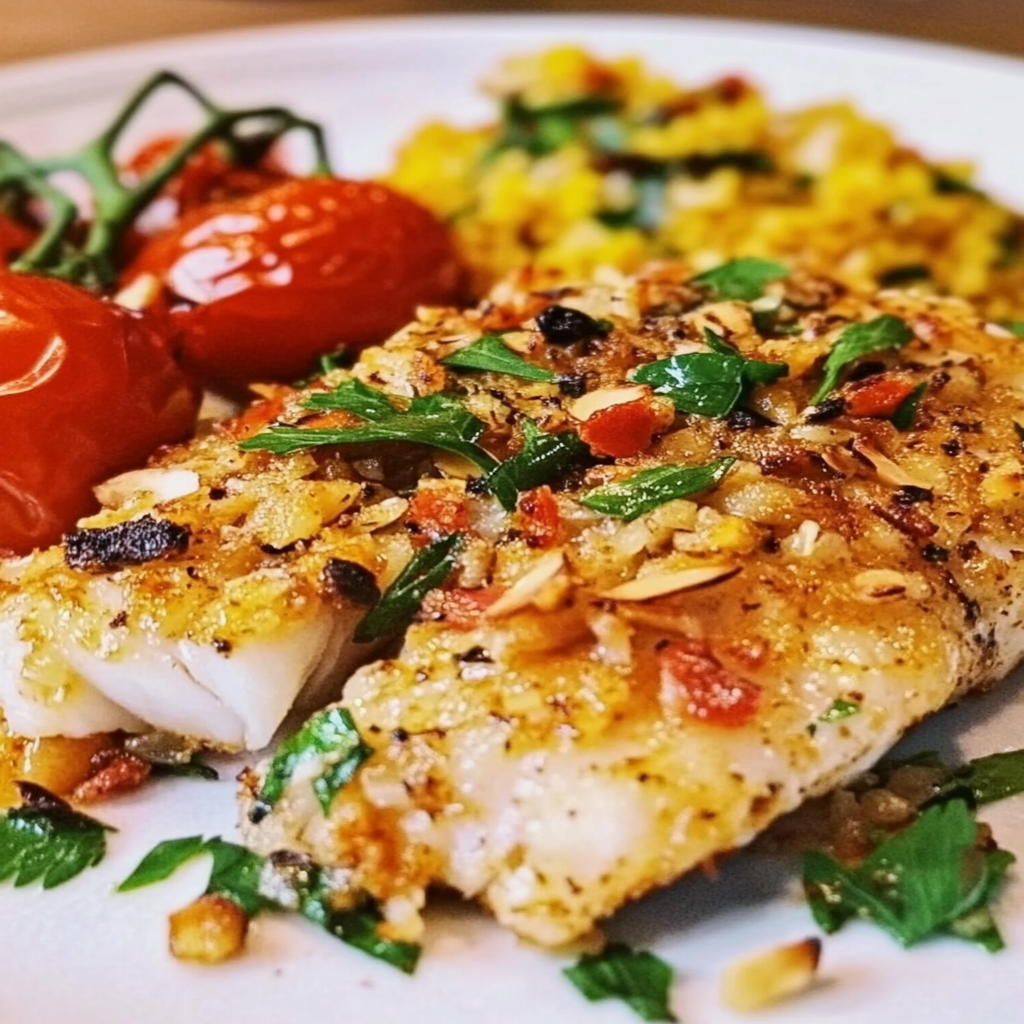 Almond Crusted Cod with Roasted Tomatoes and Garlic