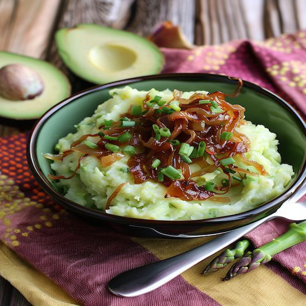 Avocado Mashed Potatoes with Caramelized Shallots